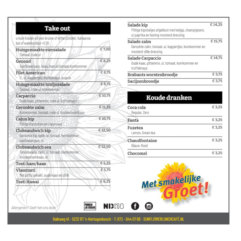 Menukaart - Sunflower Lunchcafé