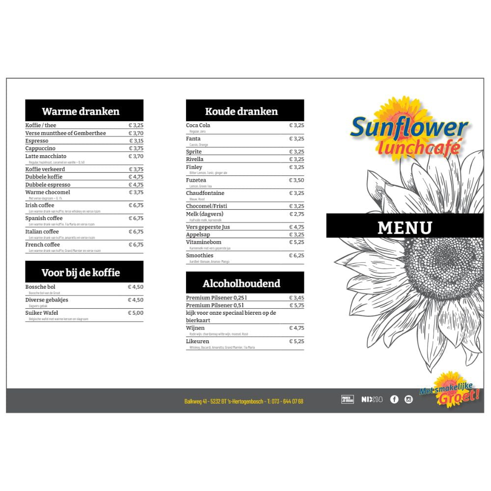 Menukaart - Sunflower Lunchcafé